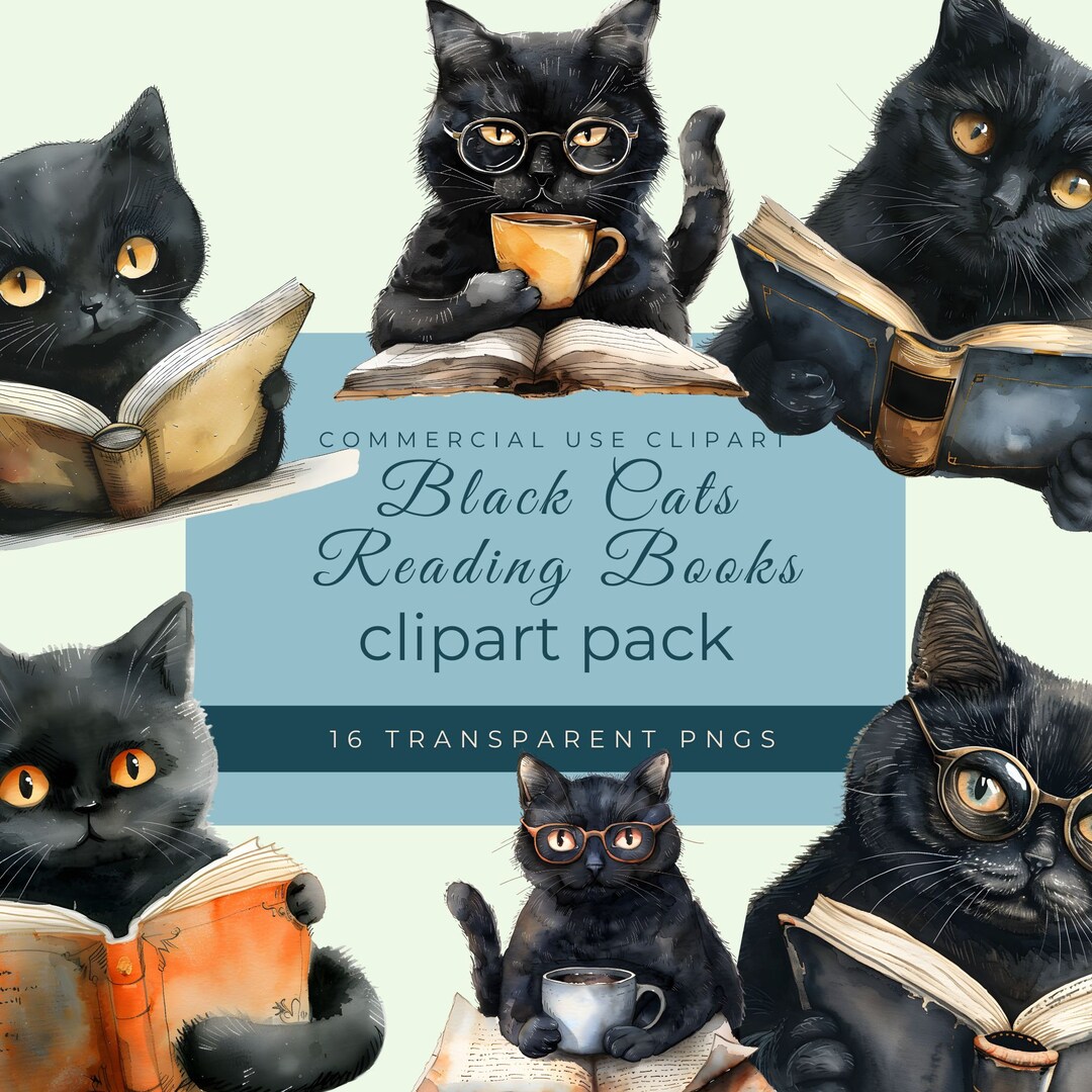 Black Cats Reading Books Clipart | Cozy Reading | Cat Png | Digital ...