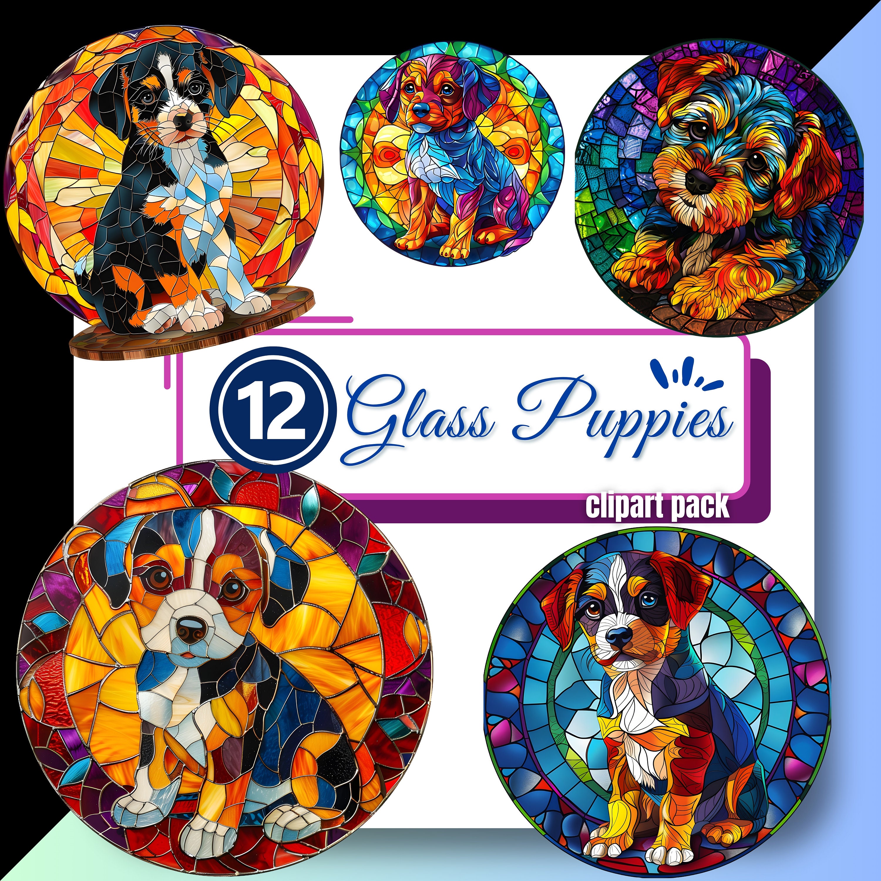 Stained Glass Puppies Clipart, Dog Clip Art, Animal Watercolor Png ...
