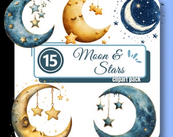 Moon and Stars Celestial Clip Art Set, Abstract Clipart, Boho Graphics ...