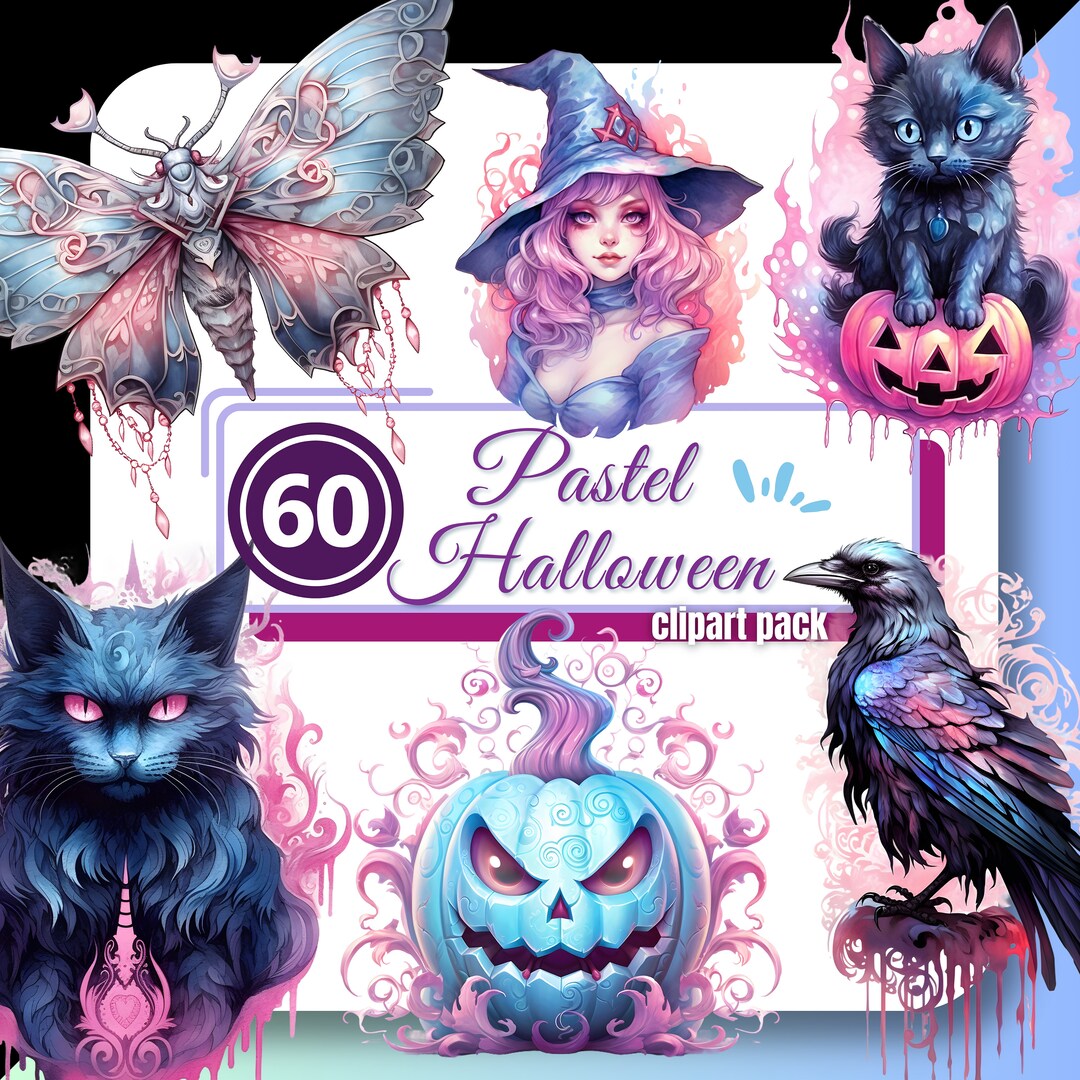 Pastel Halloween Clipart Bundle, Watercolor Goth, Bat, Pumpkin, Haunted ...