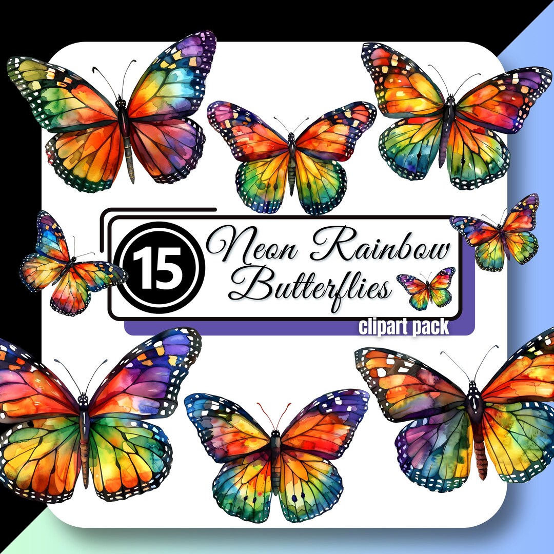 Neon Rainbow BUTTERFLY Clipart Watercolor Pride Nursery Fantasy Insect ...