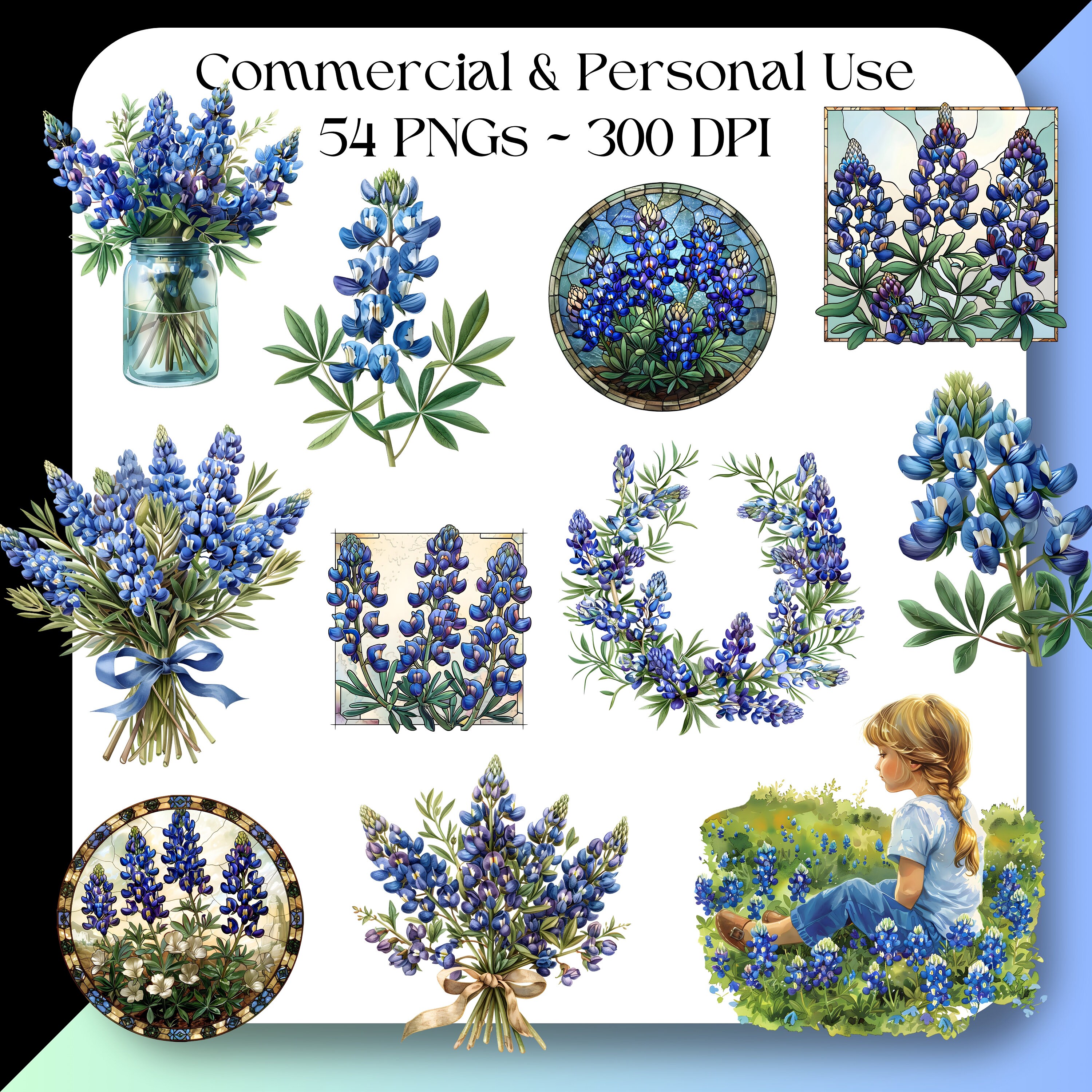 Bluebonnet Clipart Bundle, Watercolor Texas Bonnets, Stained Glass ...