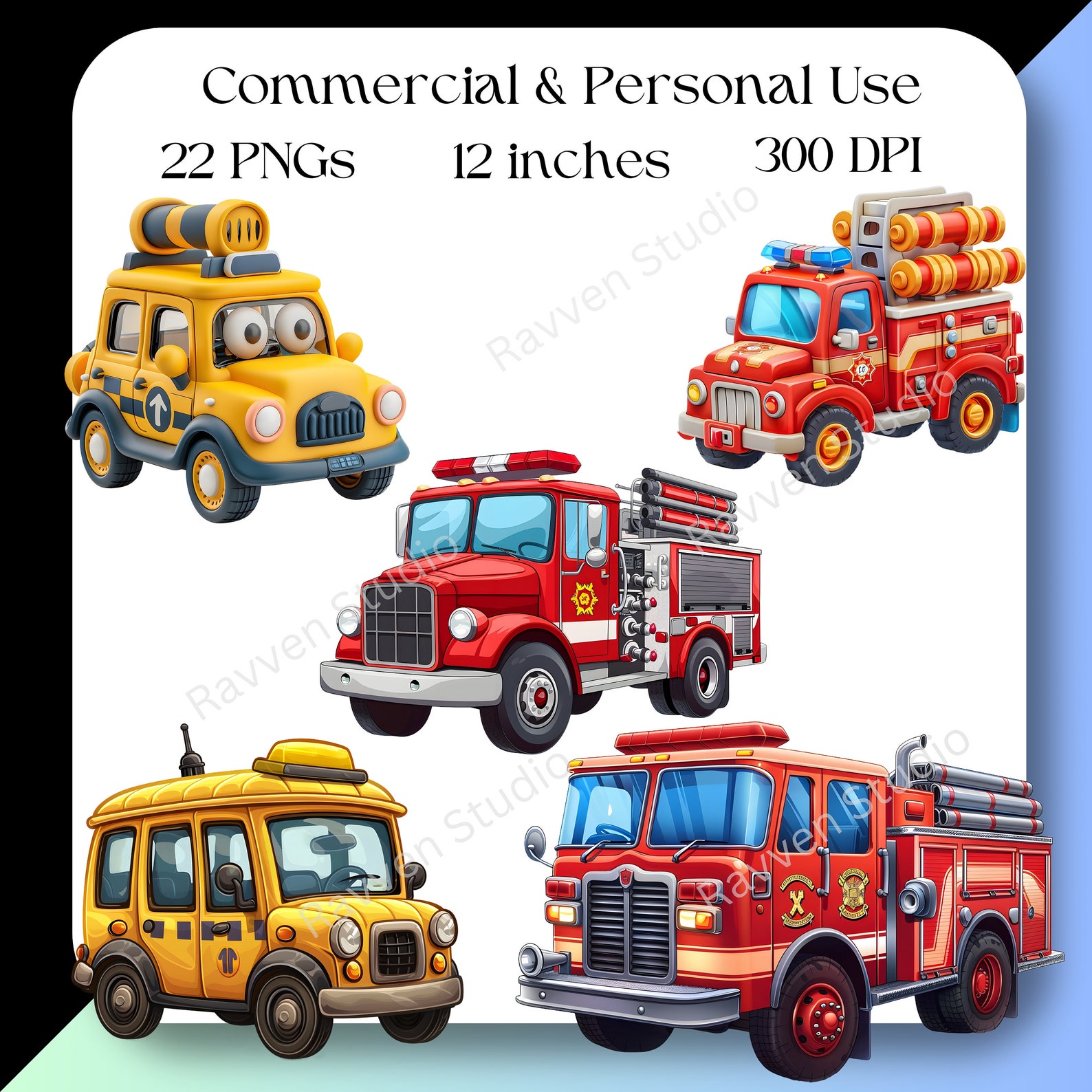 Fire Engine Police Car Clipart Bundle, Fire Truck Clip Art, Taxi Cab ...