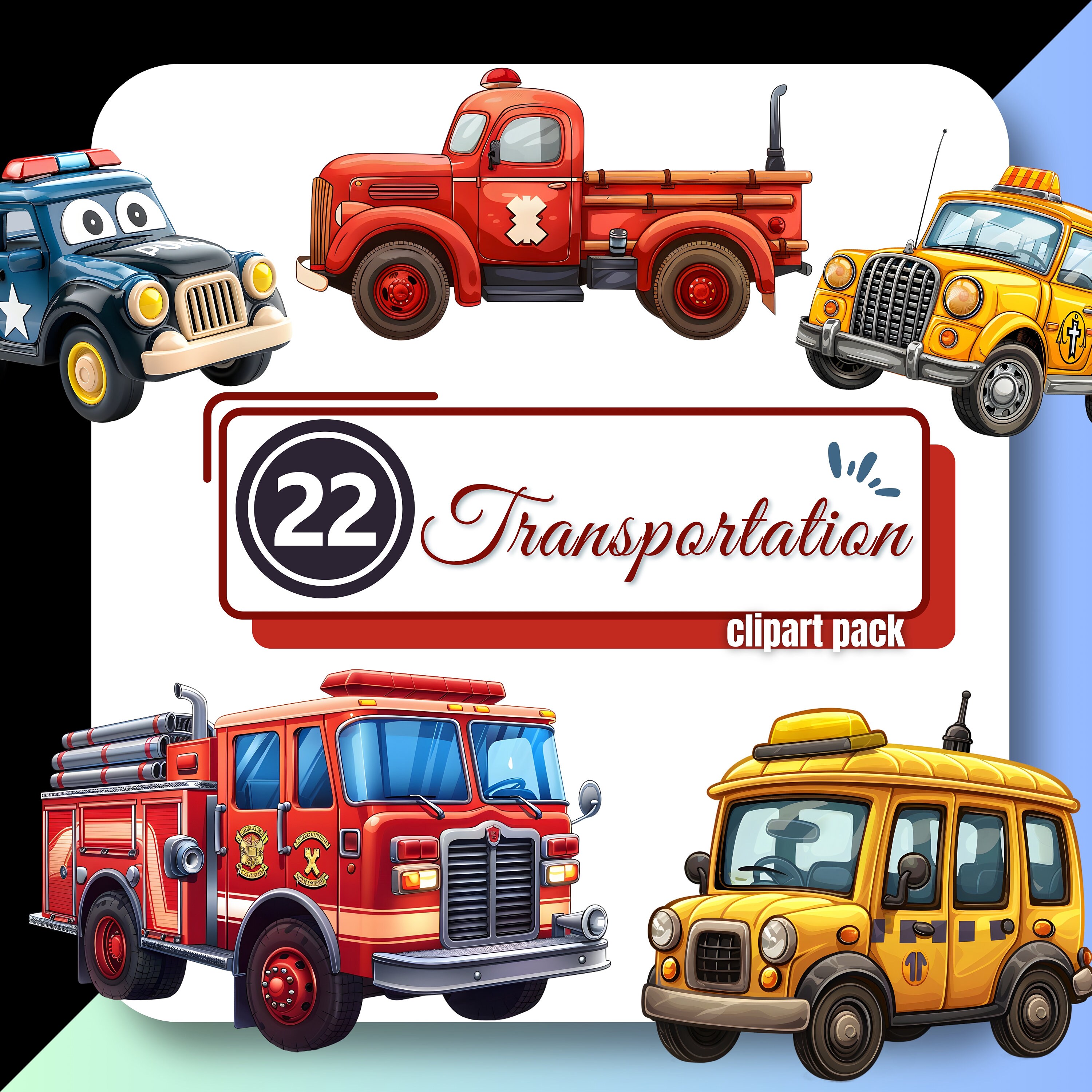 Fire Engine Police Car Clipart Bundle, Fire Truck Clip Art, Taxi Cab ...