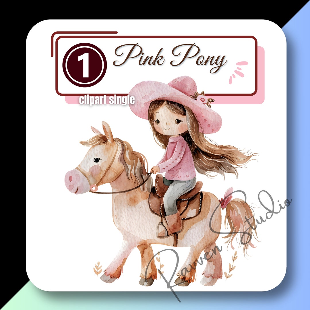 Pink Pony Cute Horse & Rider Watercolor Clipart Sweet Girl Clip Art ...