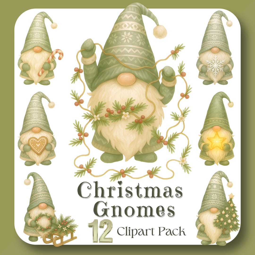 Cozy Nordic Gnome Christmas Clipart | Scandinavian Winter PNG | Sage ...