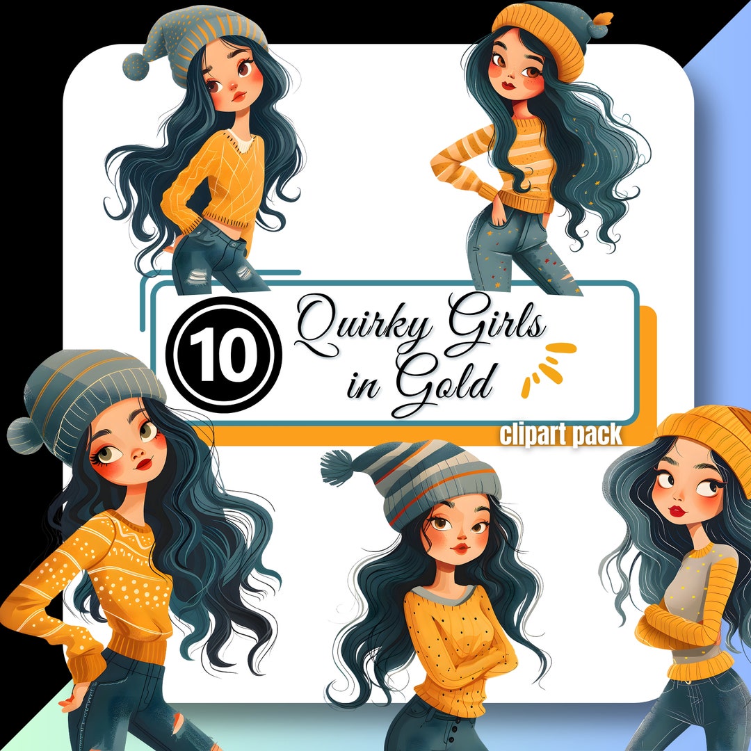 Quirky Girls in Gold Clipart, Mid-century Modern Clip Art, Fashion ...
