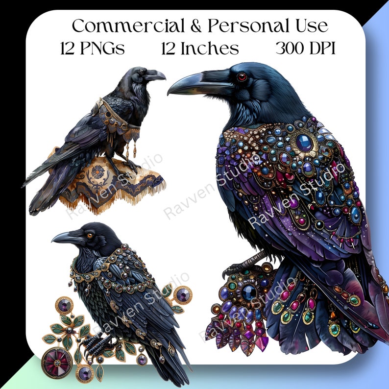 Jeweled Raven Clipart, Bird Clip Art, Digital Download, Commercial Use ...