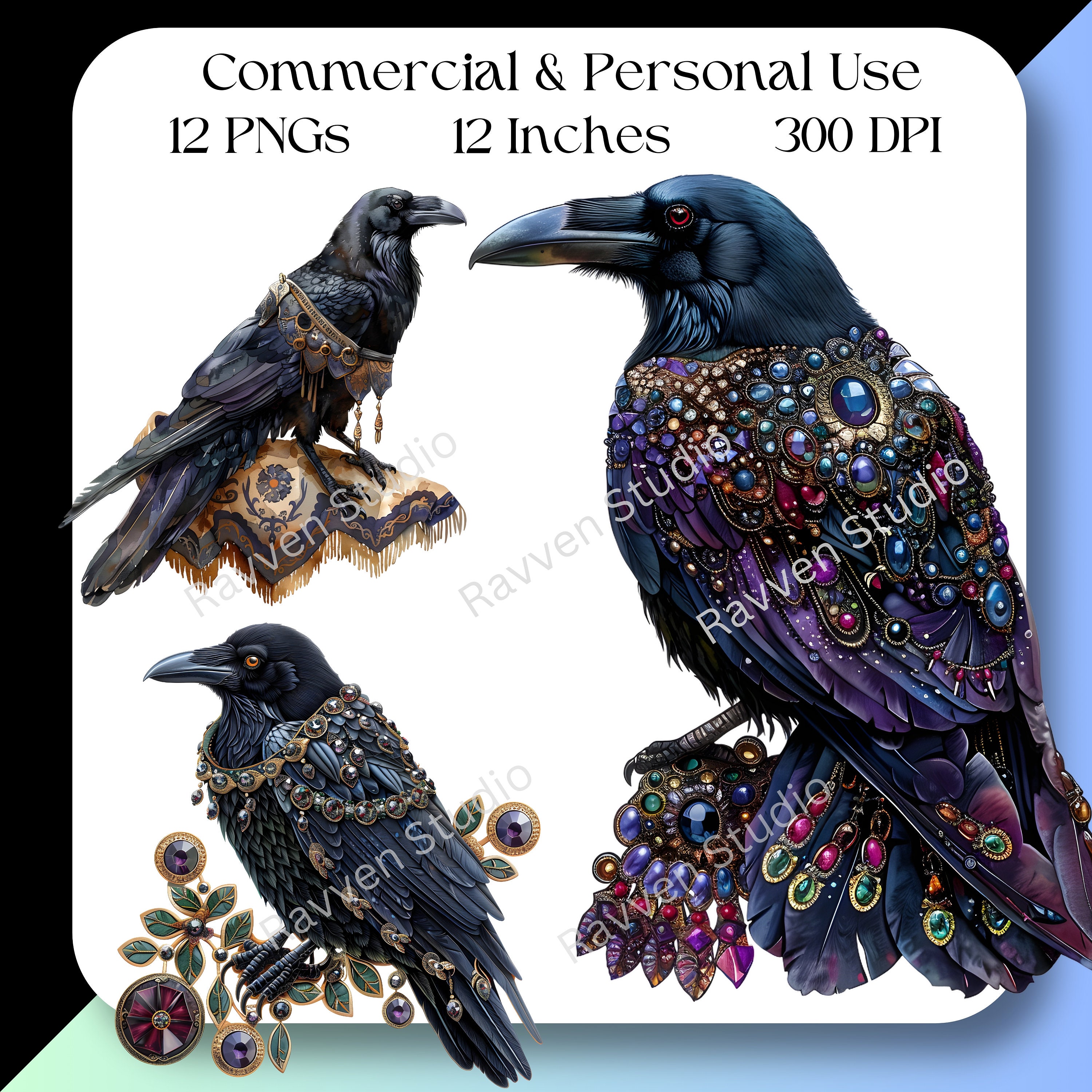 Jeweled Raven Clipart, Bird Clip Art, Digital Download, Commercial Use ...