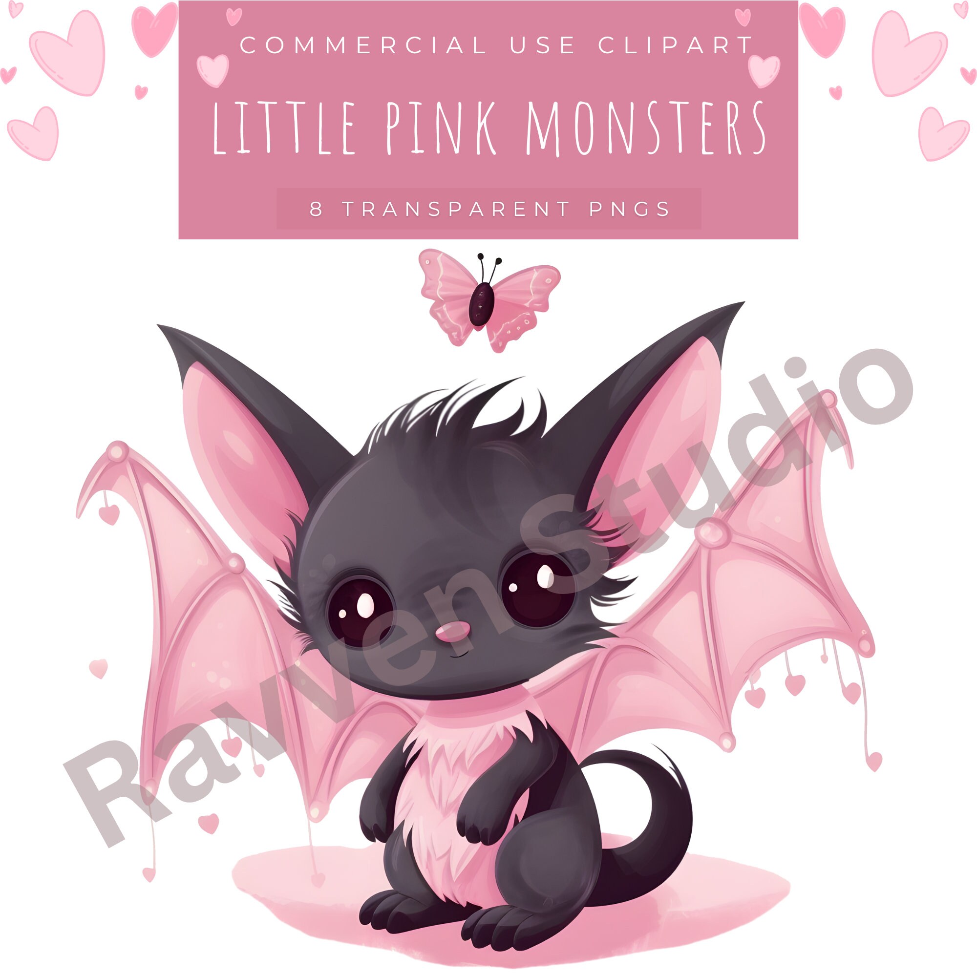 Little Pink Monsters Clipart Set | Cute Fairy Bat | Valentine Monsters ...