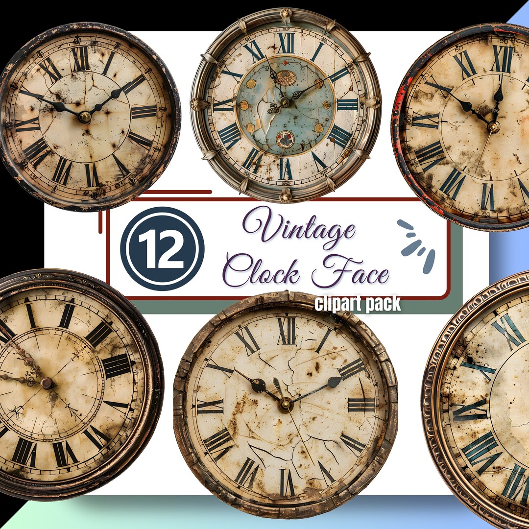 Vintage Clock Face Clipart Distressed Antique Roman Numeral Clip Art ...