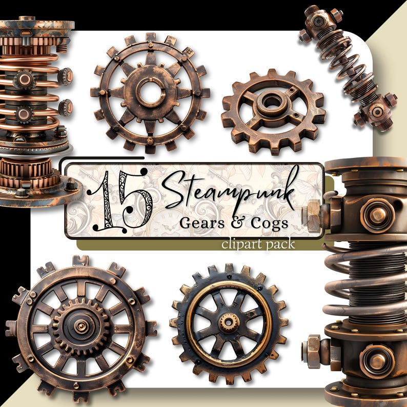 STEAMPUNK Cogs Clipart Vintage Gears Clockwork Mechanical Illustrations ...