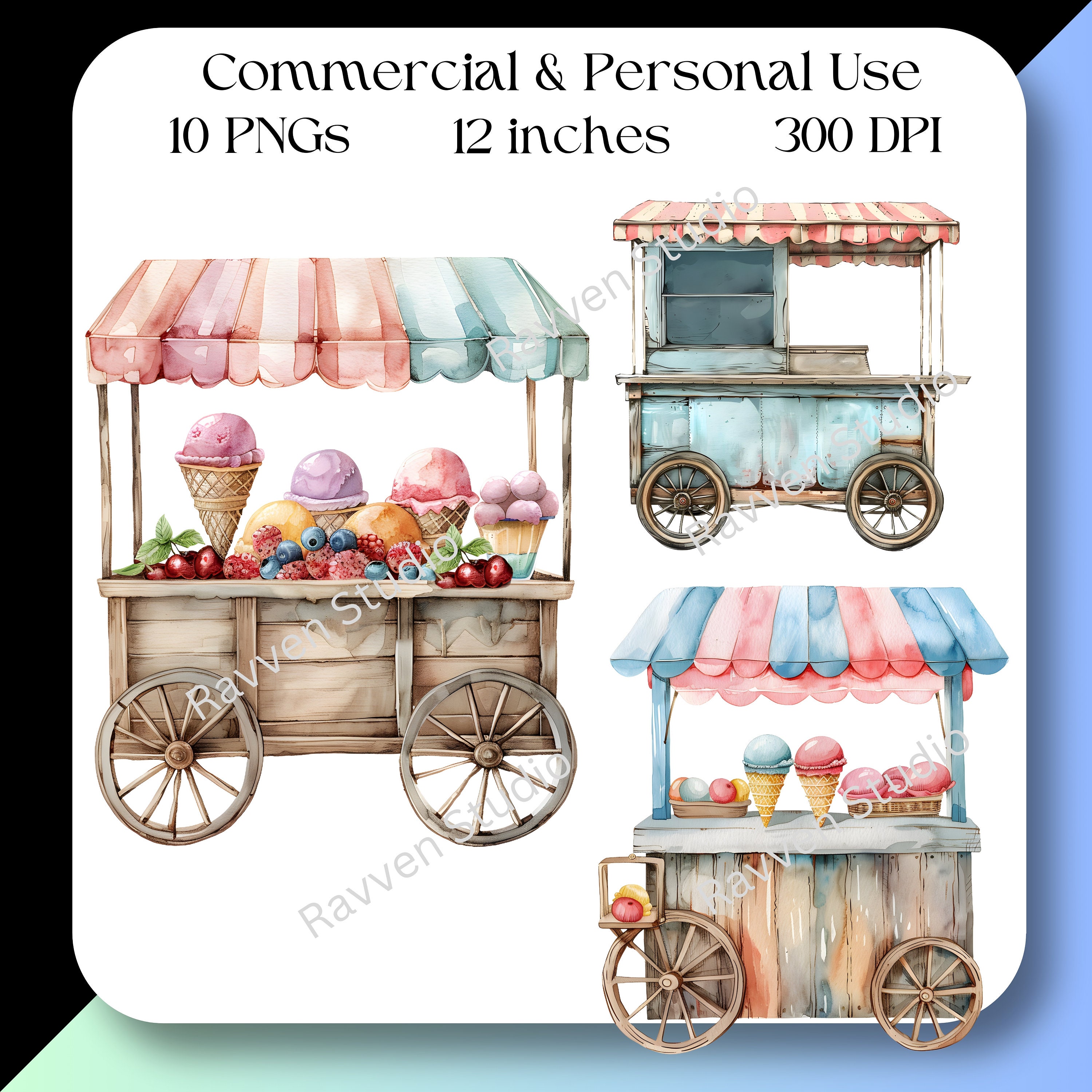 Ice Cream Cart Clipart Set, Summer Party Clip Art, Digital Download ...