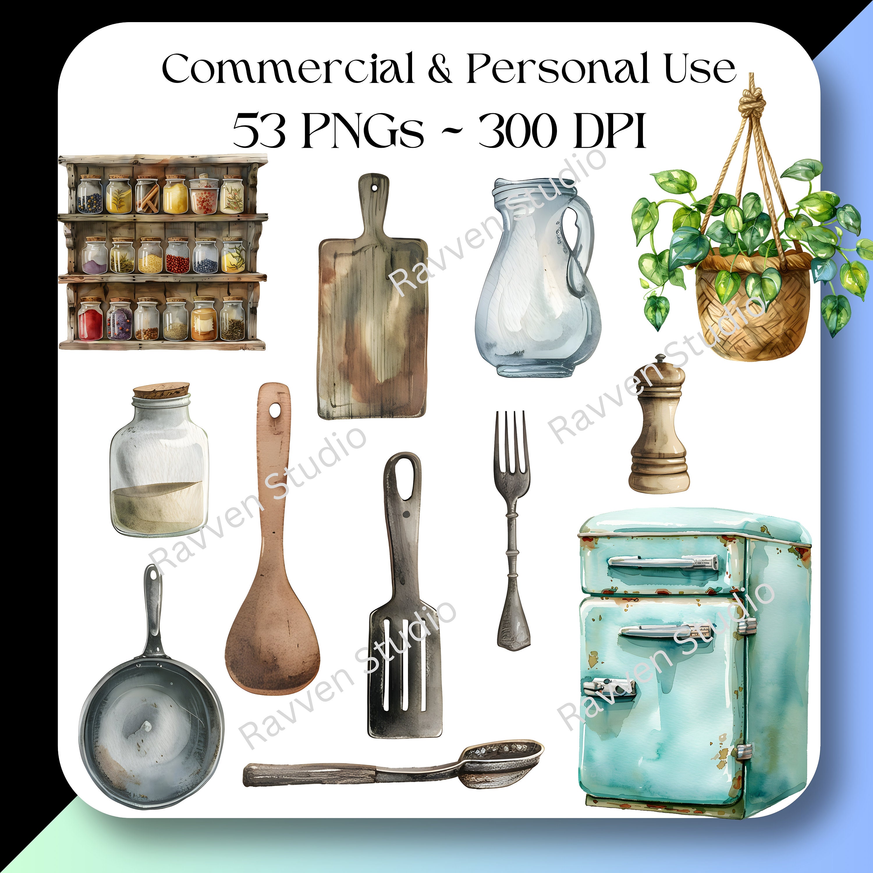 Vintage Kitchen Watercolor Clipart Bundle, Cottage Clip Art, Baking Png ...