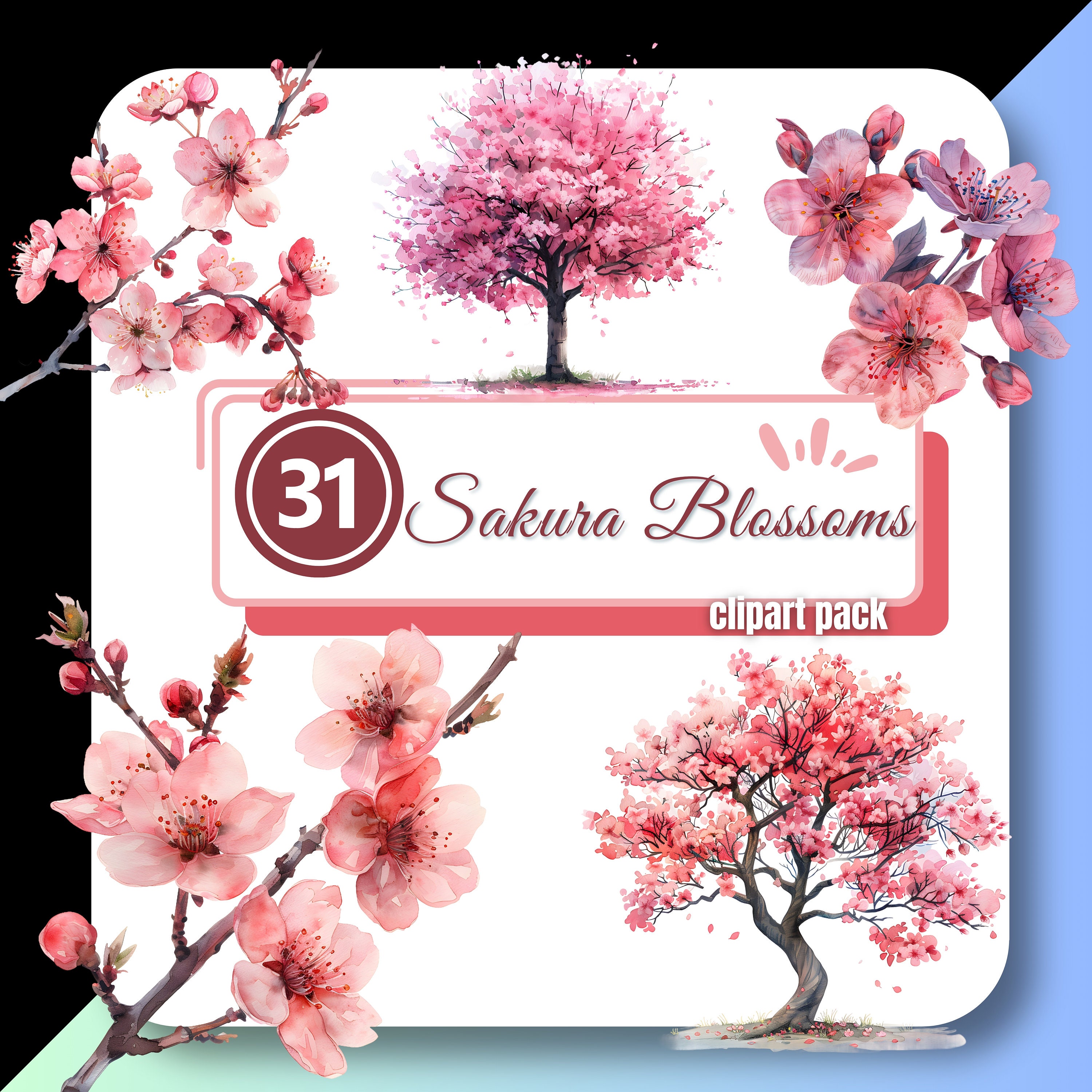 Cherry Blossoms Clipart, Sakura Png, Floral Clip Art, Tree, Digital ...
