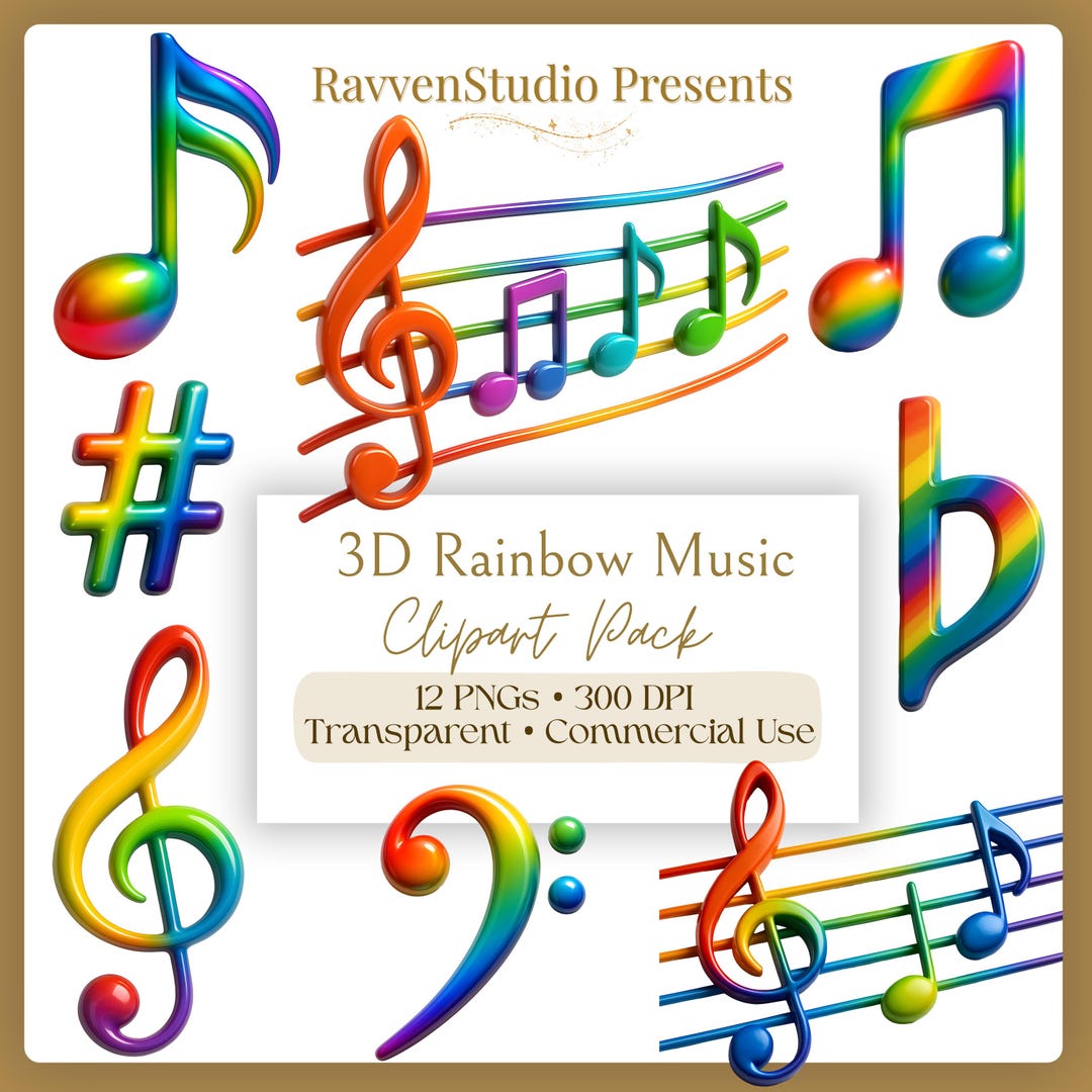 3D Rainbow Music Notes Clipart • Colorful PNG Graphics (digital ...