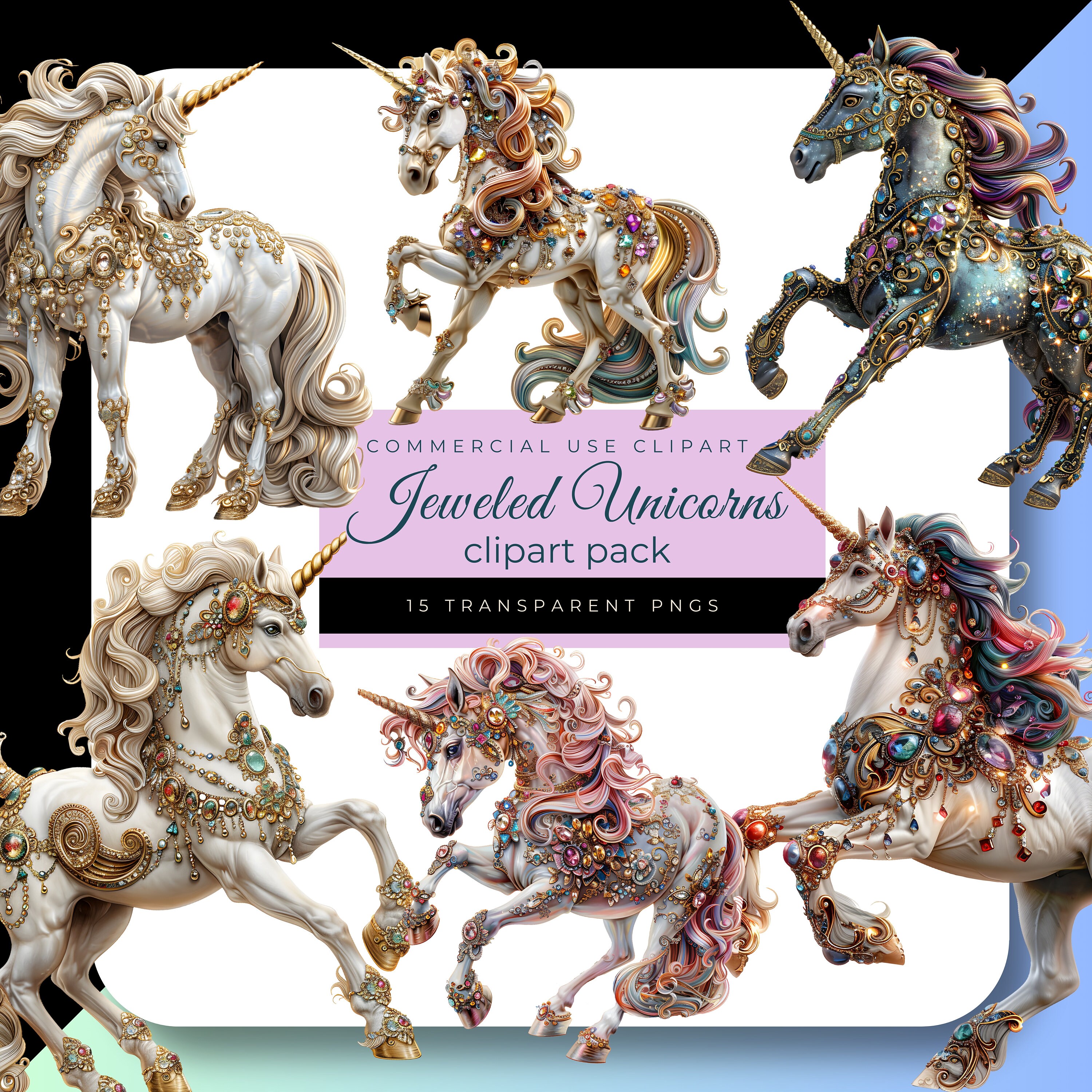 Jeweled Unicorn Clipart, Fantasy Clip Art, Animal PNG, Digital Download ...