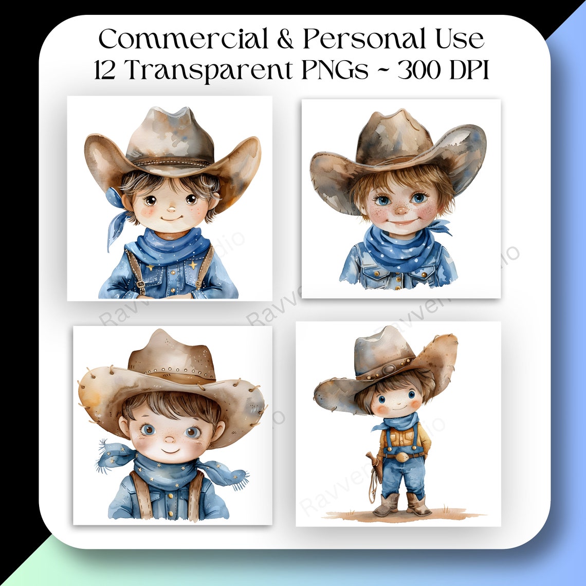 Little Cowboy Blue Watercolor Clipart, Boy Clip Art, Western Png ...