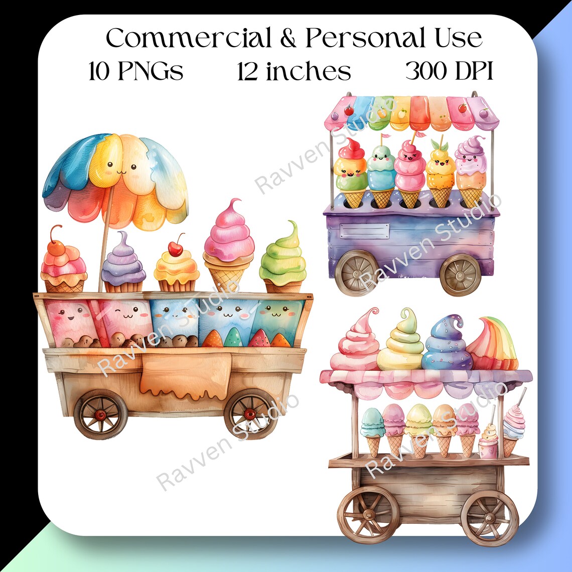 Ice Cream Cart Clipart Set, Summer Party Clip Art, Digital Download ...