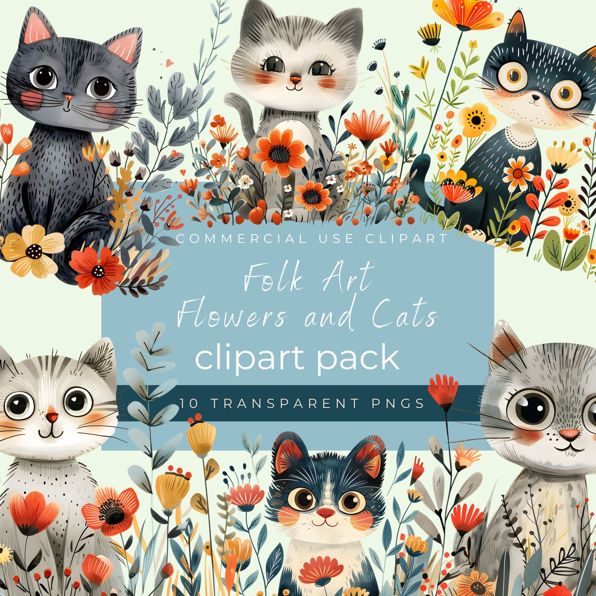 Folk Art Cats & Flowers Clipart | Paper Crafts | Cat Png | Quirky Cat ...