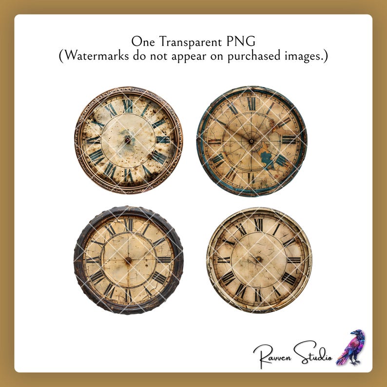 Vintage Clock Face NO HANDS Clipart Pack, Distressed Antique Roman ...
