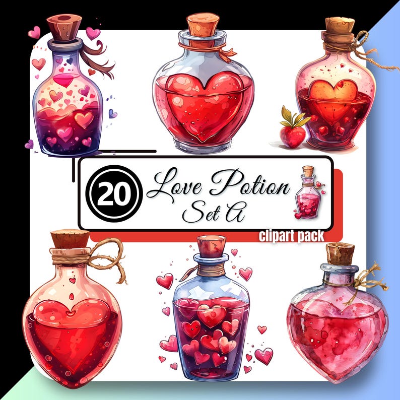 LOVE POTION Set A Clipart Magic Apothecary Bottle Valentine Red Heart ...