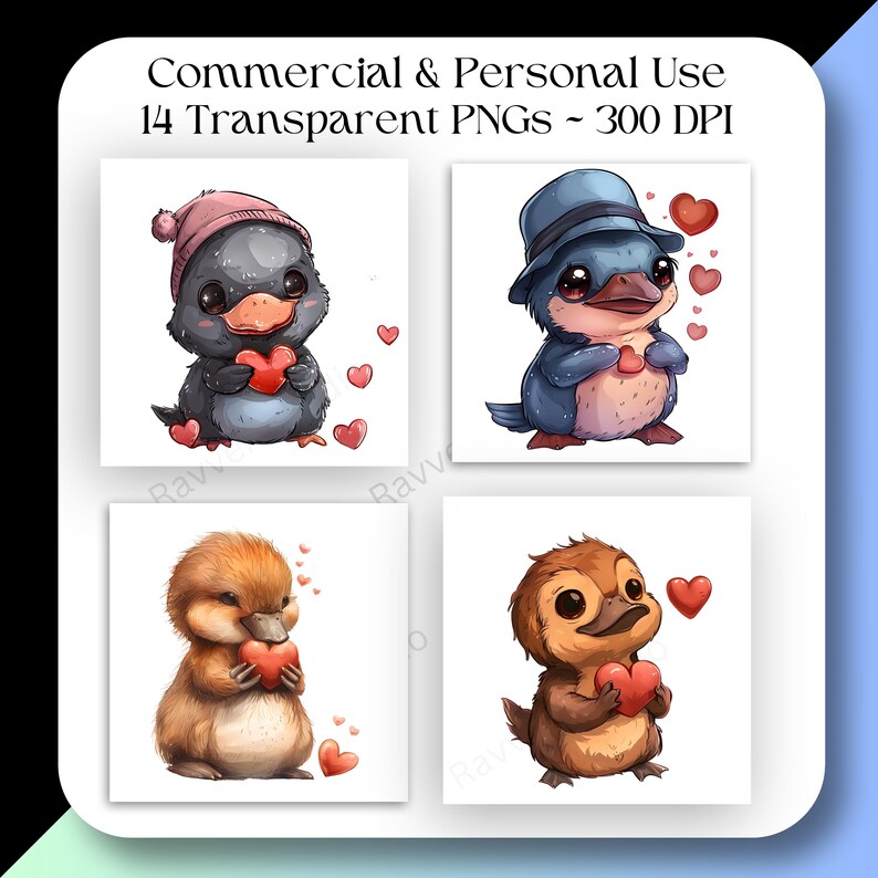 Valentine Platypus & Bird Clipart Kawaii Heart Cute Funny Whimsical ...