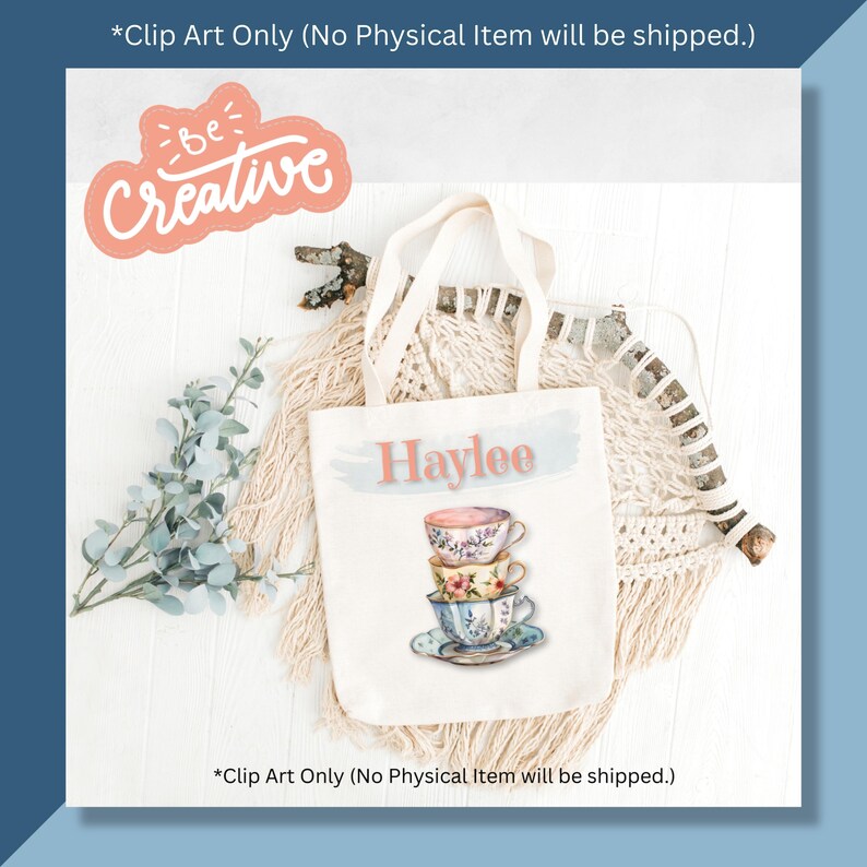 Stacked TEA CUPS Clipart Antique Floral PNG Graphics Crafts Retro Clip Art Collection Vintage ...