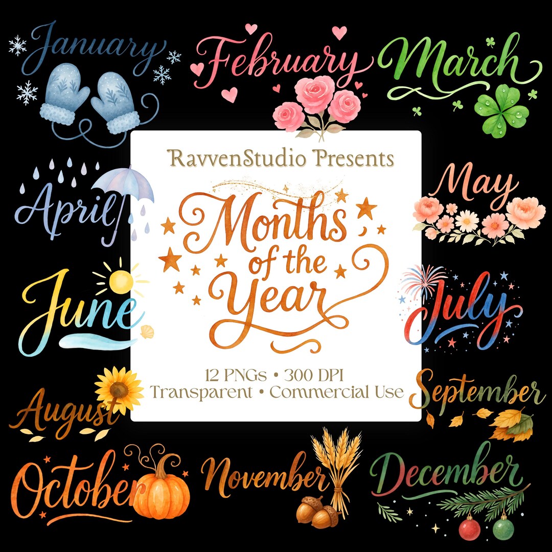 Watercolor Months of the Year Clipart Pack • 12 Calendar Lettering ...