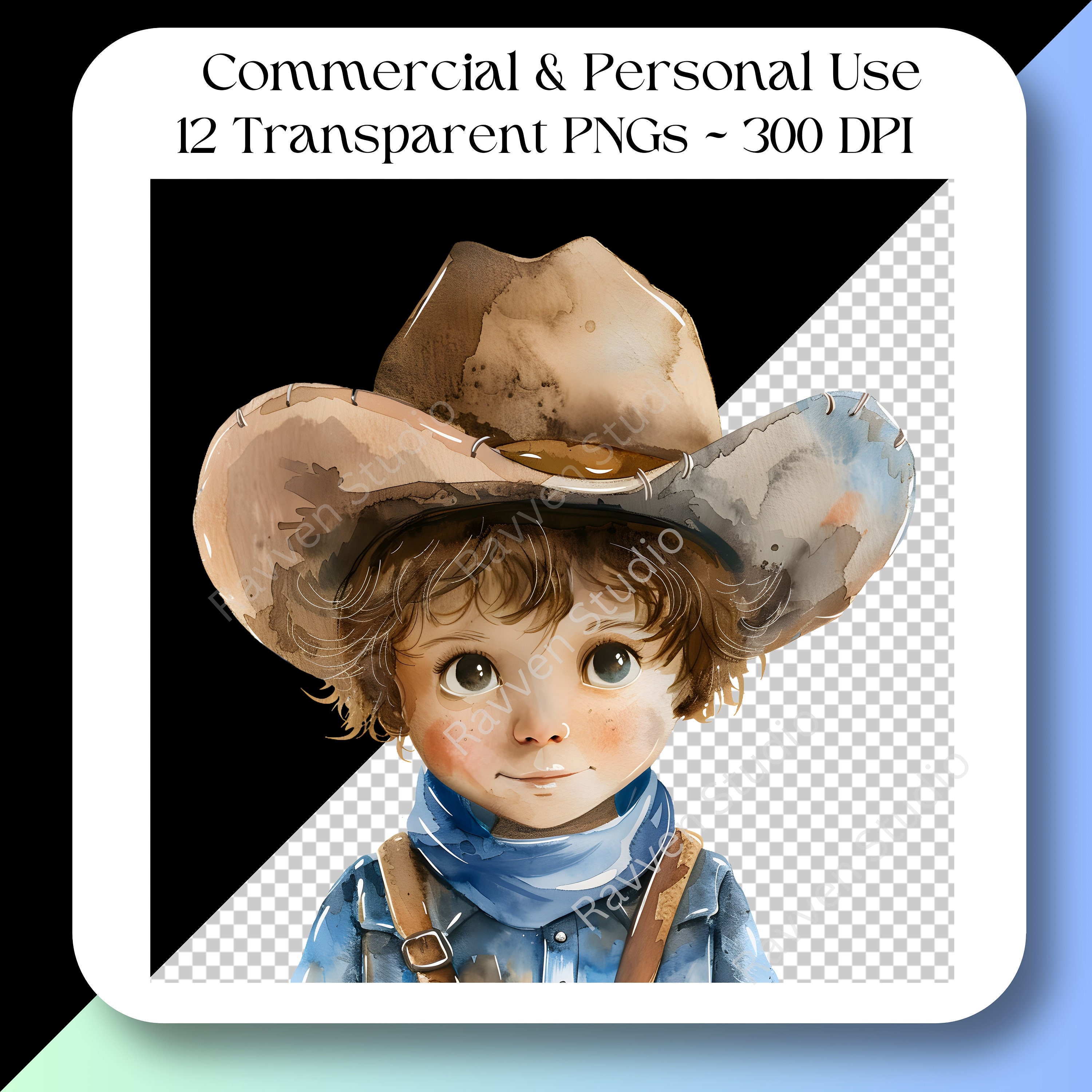 Little Cowboy Blue Watercolor Clipart, Boy Clip Art, Western Png ...