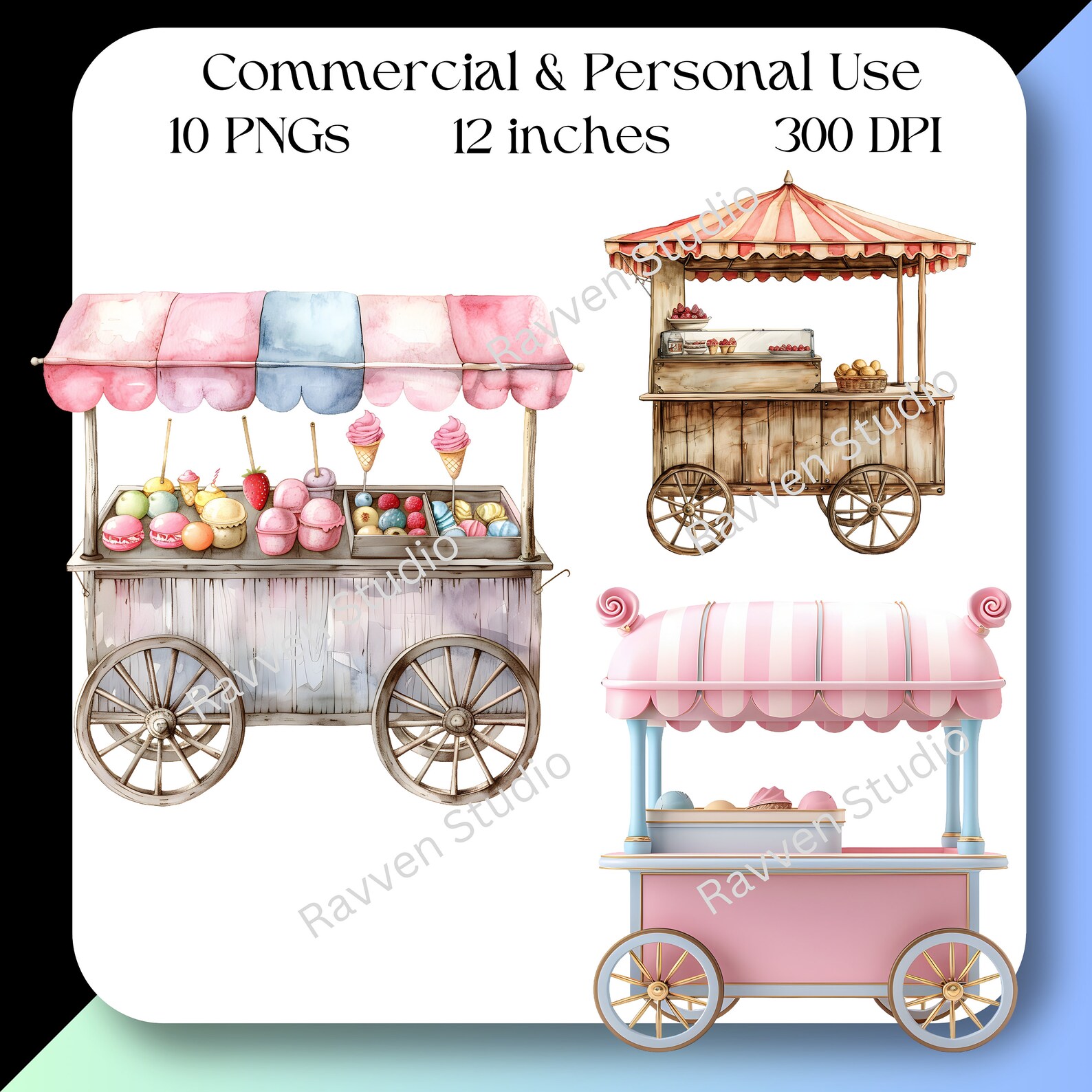 Ice Cream Cart Clipart Set, Summer Party Clip Art, Digital Download ...