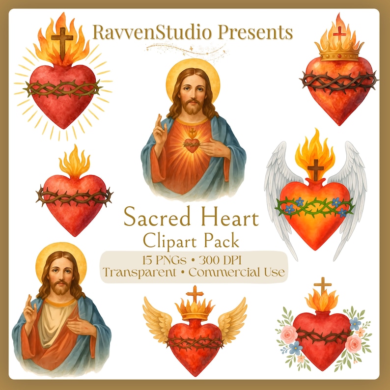 Sacred Heart of Jesus Clipart Pack • Christian Religious Art • Catholic ...