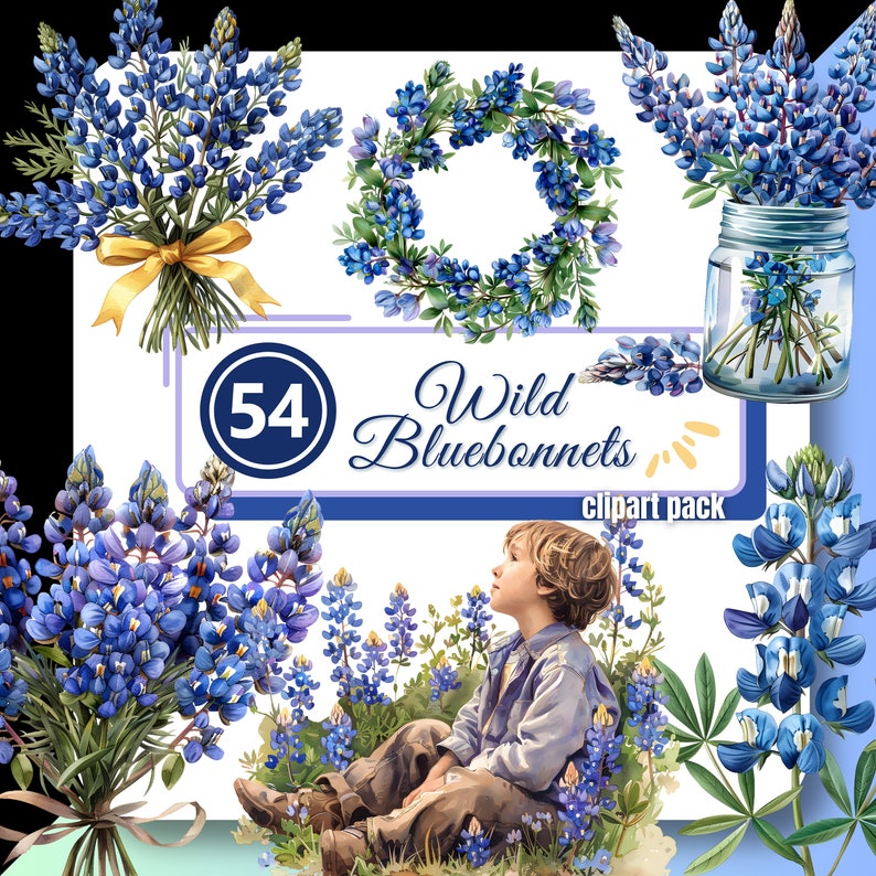 Bluebonnet Clipart Bundle, Watercolor Texas Bonnets, Stained Glass ...