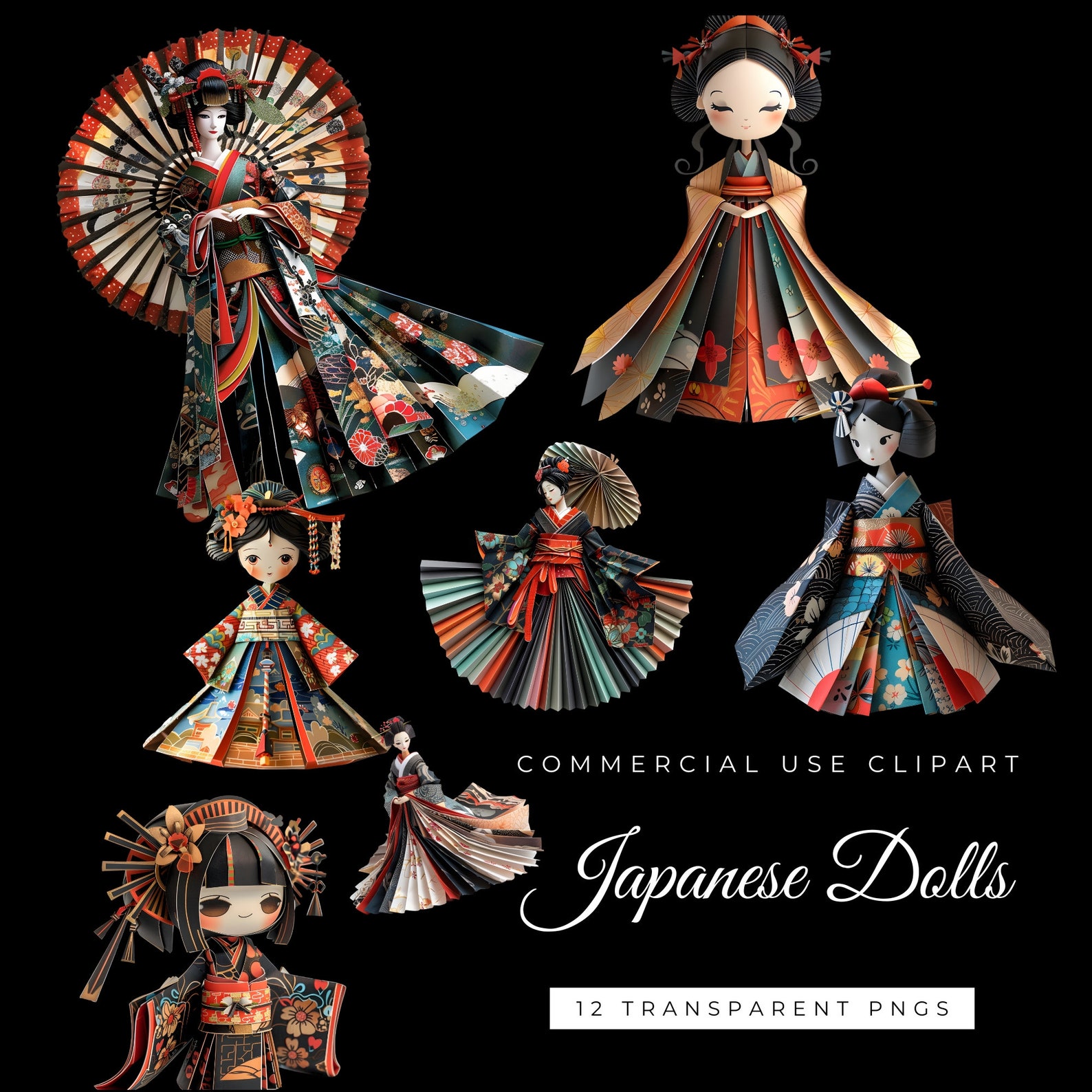 Japanese Dolls Clipart Paper Doll JPG Origami Doll Jpg Digital Download ...