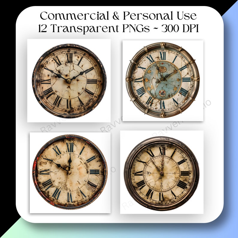 Vintage Clock Face Clipart Distressed Antique Roman Numeral Clip Art ...