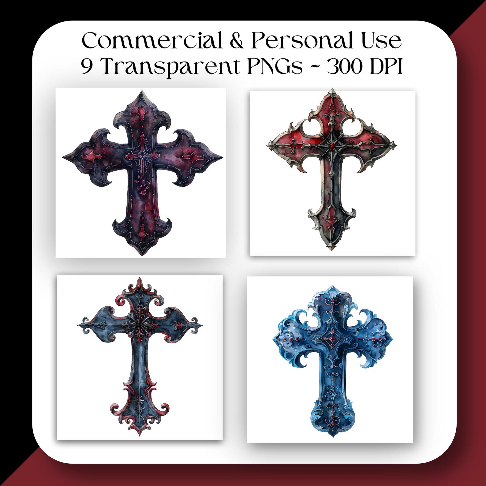 GOTHIC CROSS Clipart Set Watercolor PNG Scrapbooking Digital Download ...