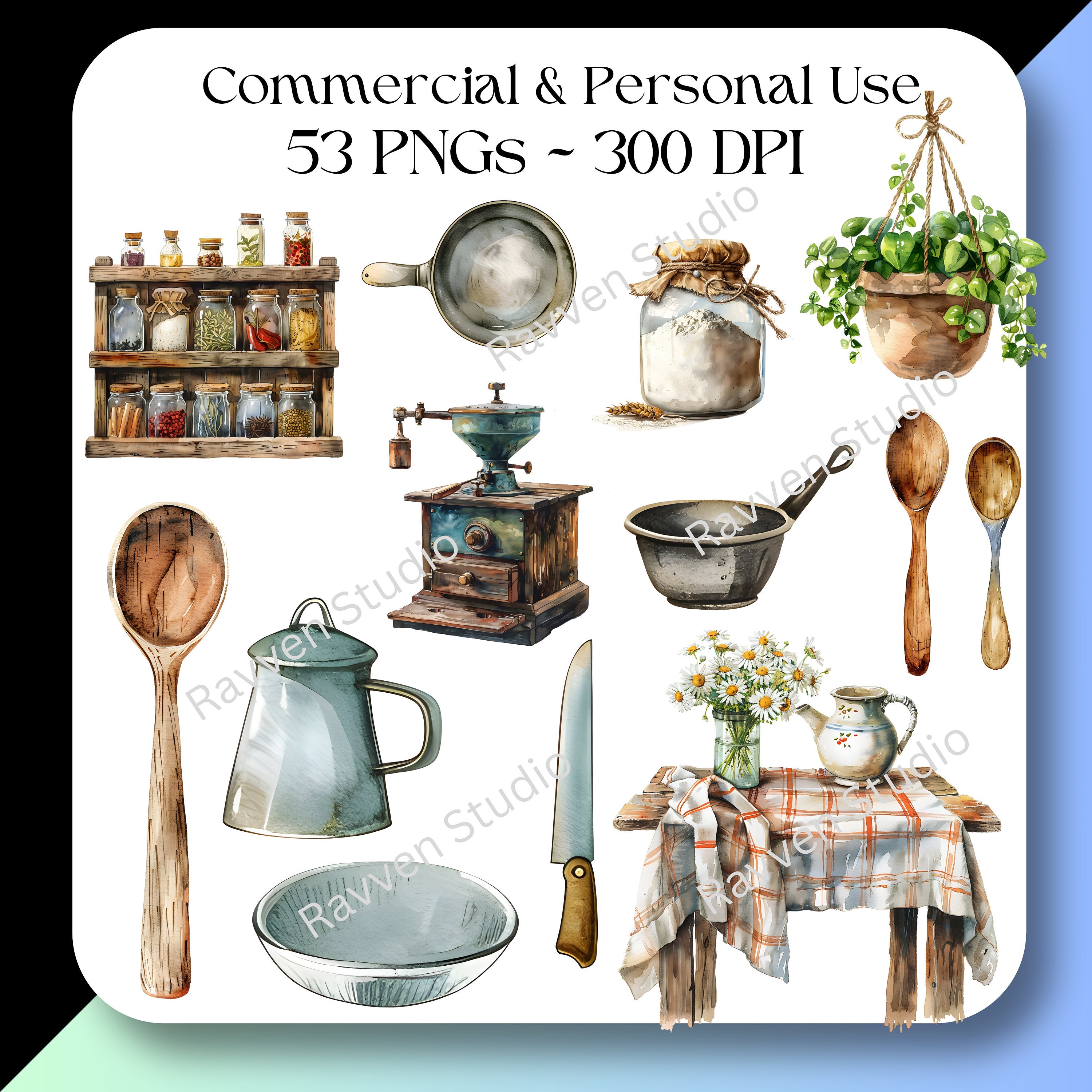 Vintage Kitchen Watercolor Clipart Bundle, Cottage Clip Art, Baking Png ...