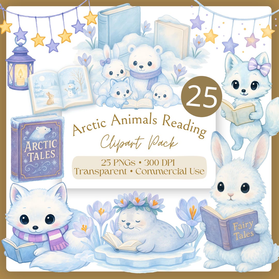 Arctic Animals Reading Clipart, Watercolor PNG Set (digital Download ...