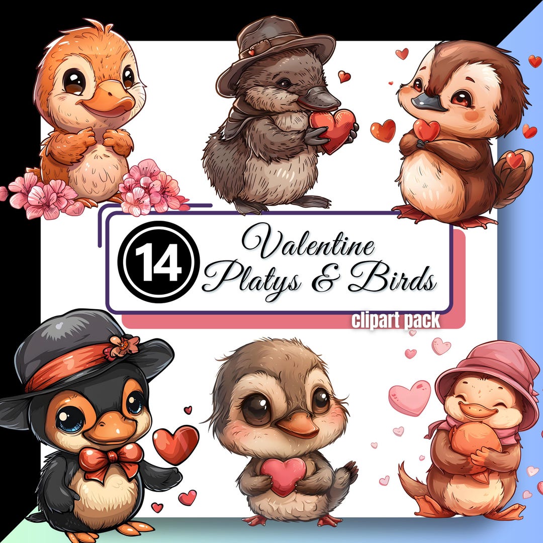 Valentine Platypus & Bird Clipart Kawaii Heart Cute Funny Whimsical ...
