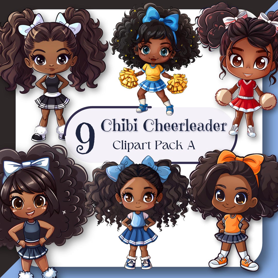 Chibi CHEERLEADER Clipart Set A PNG, Black Girl Cheer, Digital Download ...
