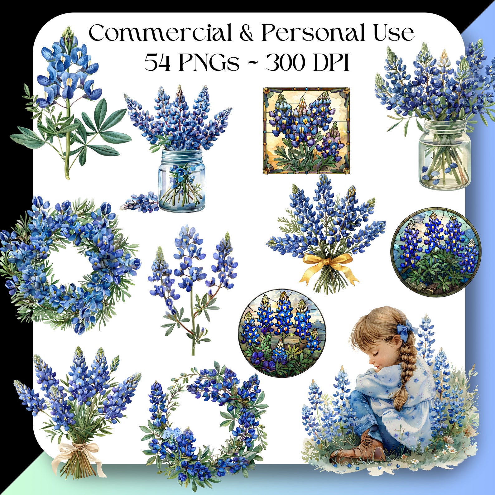Bluebonnet Clipart Bundle, Watercolor Texas Bonnets, Stained Glass ...