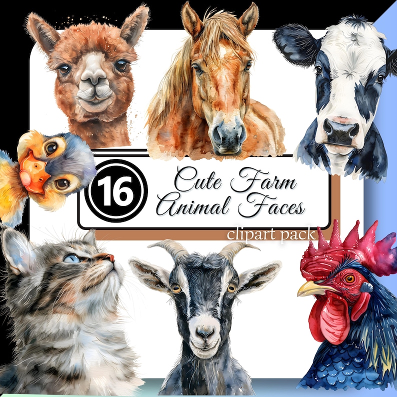 Cute FARM ANIMAL FACES Clipart Duck Cow Goat Llama Horse Dog Cat Pig ...