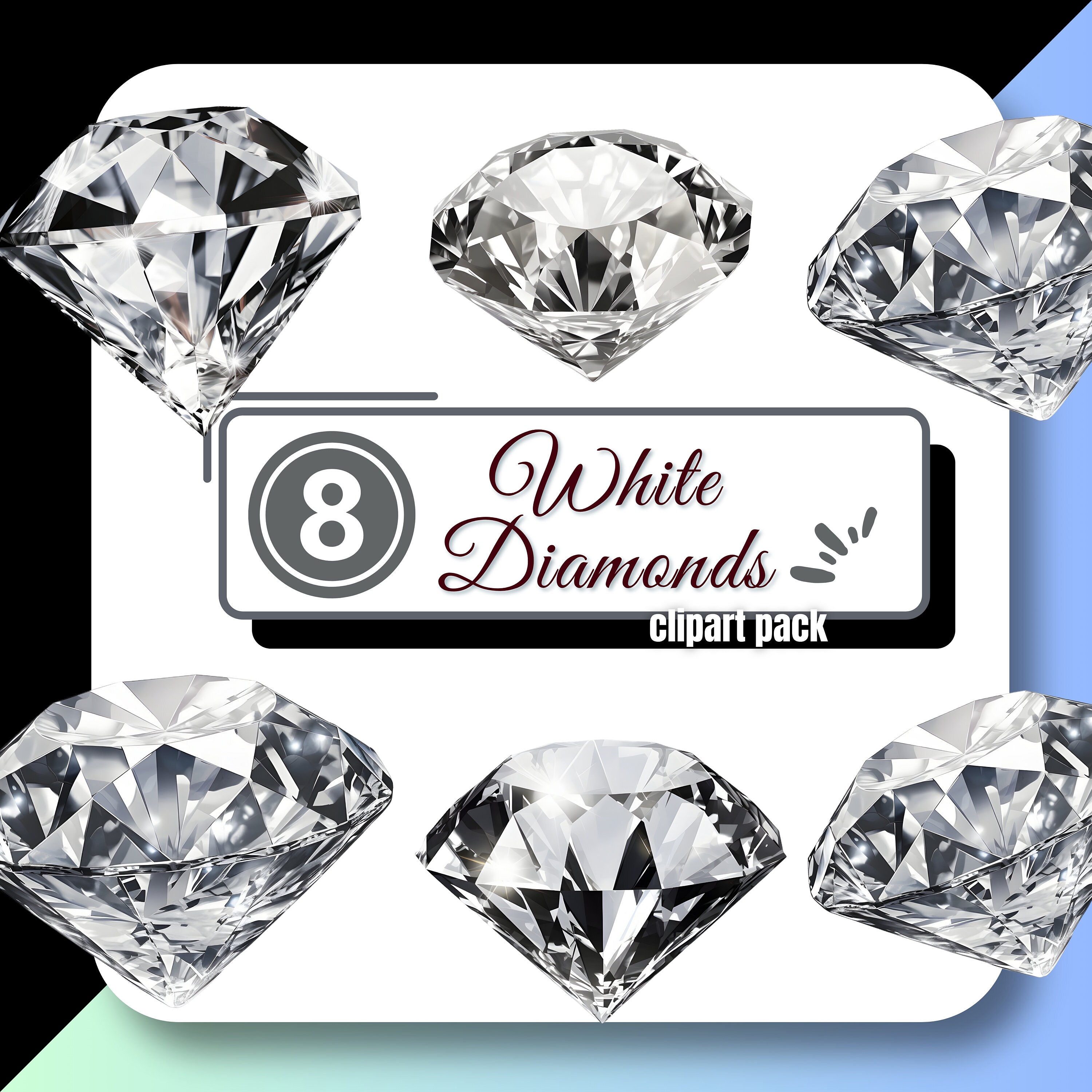 Diamond Clipart Set, Gemstone, Sparkling Crystal Clip Art, White ...