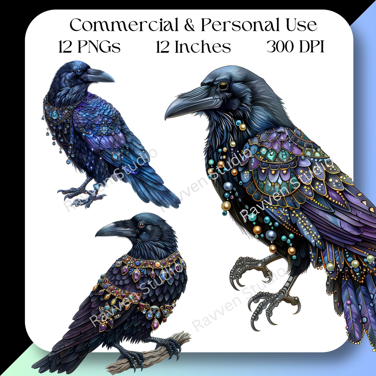 Jeweled Raven Clipart, Bird Clip Art, Digital Download, Commercial Use ...