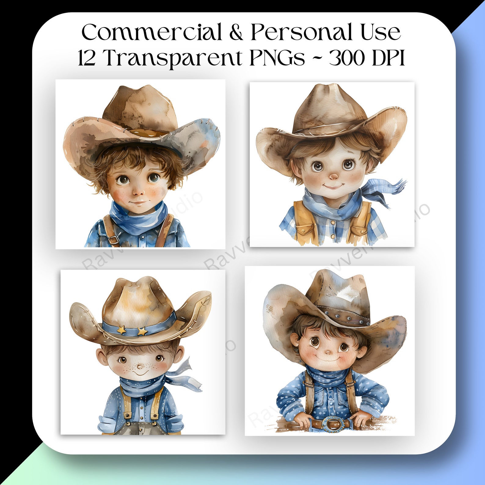 Little Cowboy Blue Watercolor Clipart, Boy Clip Art, Western Png ...
