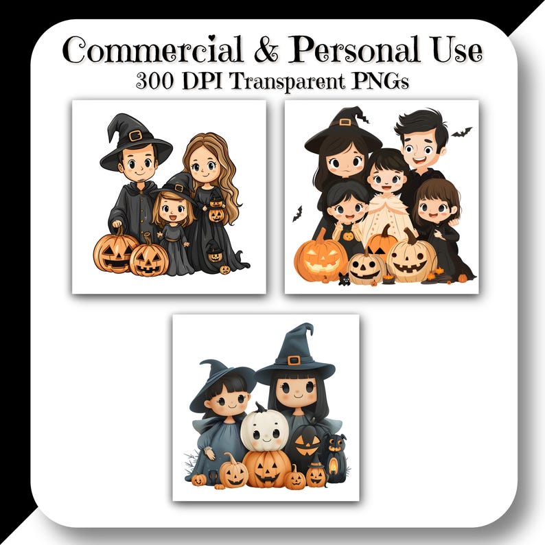 Halloween FAMILY Clipart Pack, Whimsical Digital Download, Cute Kawaii ...