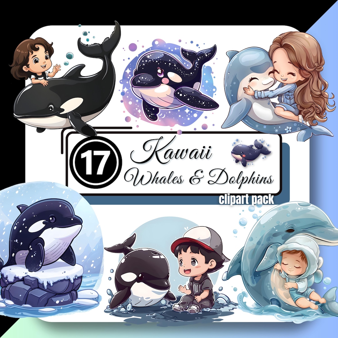 Cute WHALES & DOLPHINS Clipart Kawaii Chibi Whimsical Anime Children ...