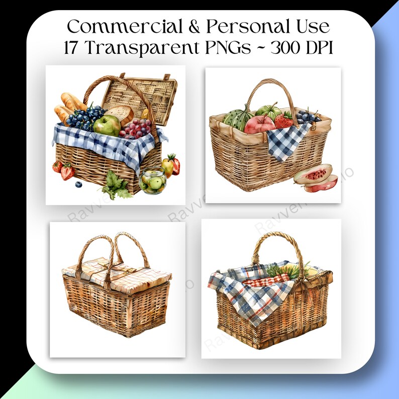 Picnic Basket Watercolor Clipart, Summer Clip Art, Food Fruit Flowers ...