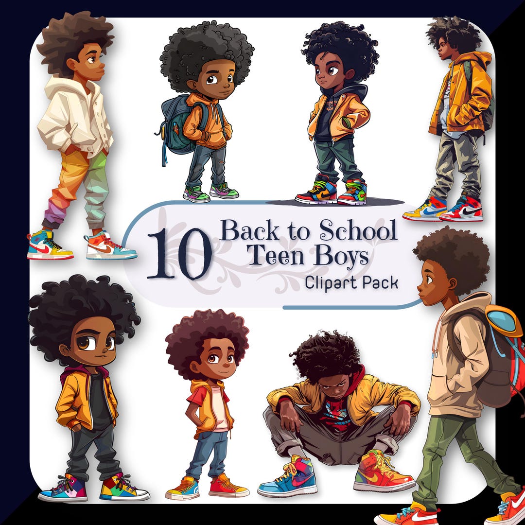 Black Teen Boy Clipart, Stylish Afro Boy PNG, Back to School Digital ...