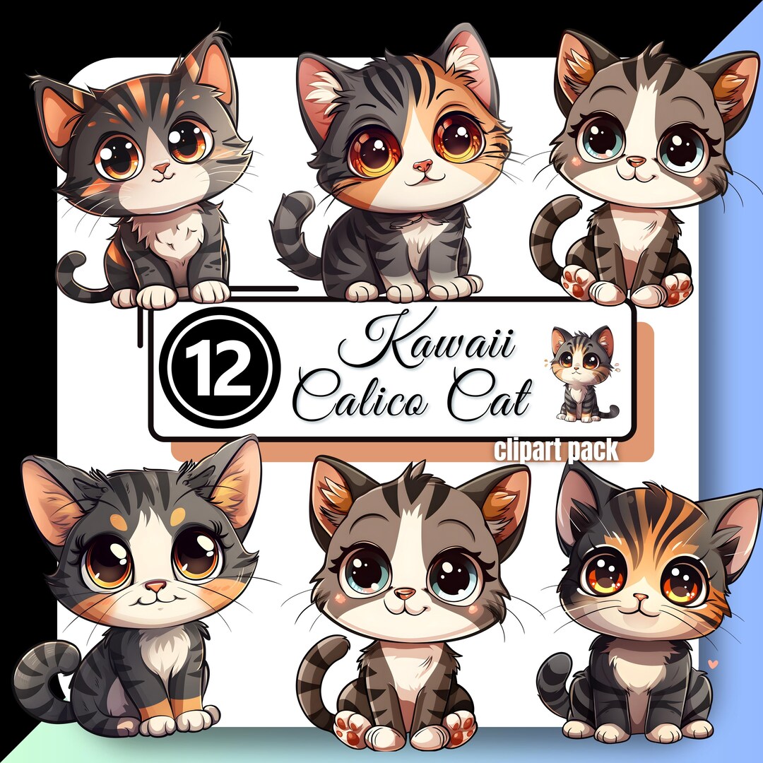 Cute Kawaii CALICO CAT Clipart Chibi Animal Kitten Furry Cartoon Feline ...